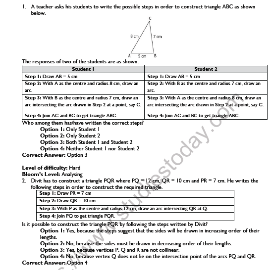 CBSE Class 7 Maths Practical Geometry Worksheet Set A